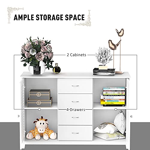 HOMCOM Sideboard Buffet Cabinet, Kitchen Cabinet, Coffee Bar Cabinet with 4 Drawers and 2 Louvered Doors for Living Room, Kitchen, White