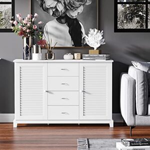 HOMCOM Sideboard Buffet Cabinet, Kitchen Cabinet, Coffee Bar Cabinet with 4 Drawers and 2 Louvered Doors for Living Room, Kitchen, White