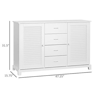 HOMCOM Sideboard Buffet Cabinet, Kitchen Cabinet, Coffee Bar Cabinet with 4 Drawers and 2 Louvered Doors for Living Room, Kitchen, White