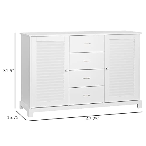 HOMCOM Sideboard Buffet Cabinet, Kitchen Cabinet, Coffee Bar Cabinet with 4 Drawers and 2 Louvered Doors for Living Room, Kitchen, White