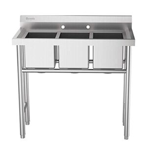 Bonnlo 3-Compartment 304 Stainless Steel Utility Sink Commercial Grade Laundry Tub Culinary Sink for Outdoor Indoor, Garage, Restaurant, Kitchen, Laundry/Utility Room - 39” W x 18” D x 40.2” H