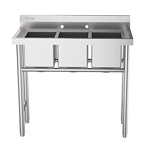 Bonnlo 3-Compartment 304 Stainless Steel Utility Sink Commercial Grade Laundry Tub Culinary Sink for Outdoor Indoor, Garage, Restaurant, Kitchen, Laundry/Utility Room - 39” W x 18” D x 40.2” H