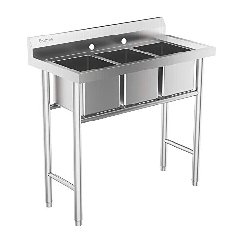 Bonnlo 3-Compartment 304 Stainless Steel Utility Sink Commercial Grade Laundry Tub Culinary Sink for Outdoor Indoor, Garage, Restaurant, Kitchen, Laundry/Utility Room - 39” W x 18” D x 40.2” H