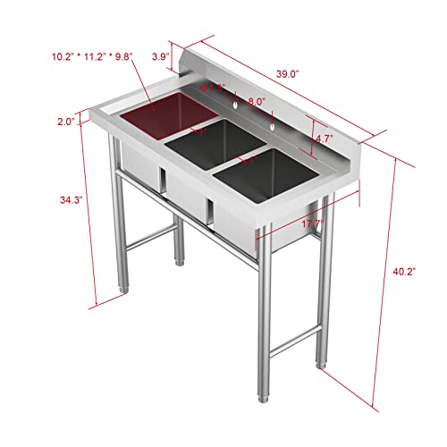 Bonnlo 3-Compartment 304 Stainless Steel Utility Sink Commercial Grade Laundry Tub Culinary Sink for Outdoor Indoor, Garage, Restaurant, Kitchen, Laundry/Utility Room - 39” W x 18” D x 40.2” H