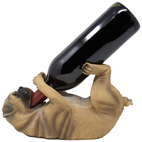 Drinking Pug Wine Bottle Holder Statue in Decorative Home Bar Décor Pet Sculptures & Puppy Dog Figurines, Tabletop Wine Racks and Display Stands and Funny Pet Gifts for Dog Lovers