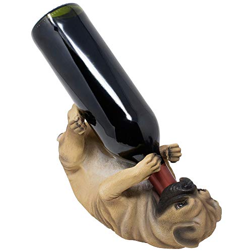 Drinking Pug Wine Bottle Holder Statue in Decorative Home Bar Décor Pet Sculptures & Puppy Dog Figurines, Tabletop Wine Racks and Display Stands and Funny Pet Gifts for Dog Lovers