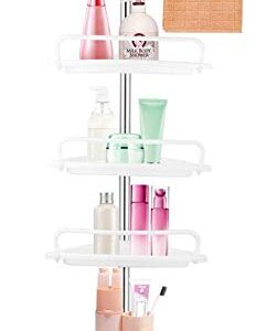 Corner Shower Caddy,4 Tier Height Adjustable White Plastic Tension Bathroom Corner Shelf Bath Shower Pole Storage Rack Tower Organizer Basket Storing Shampoo, Conditioner, Soap (4 Tier Plastic)