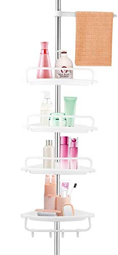 Corner Shower Caddy,4 Tier Height Adjustable White Plastic Tension Bathroom Corner Shelf Bath Shower Pole Storage Rack Tower Organizer Basket Storing Shampoo, Conditioner, Soap (4 Tier Plastic)