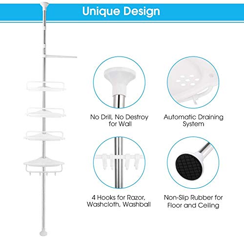 Corner Shower Caddy,4 Tier Height Adjustable White Plastic Tension Bathroom Corner Shelf Bath Shower Pole Storage Rack Tower Organizer Basket Storing Shampoo, Conditioner, Soap (4 Tier Plastic)