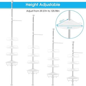 Corner Shower Caddy,4 Tier Height Adjustable White Plastic Tension Bathroom Corner Shelf Bath Shower Pole Storage Rack Tower Organizer Basket Storing Shampoo, Conditioner, Soap (4 Tier Plastic)