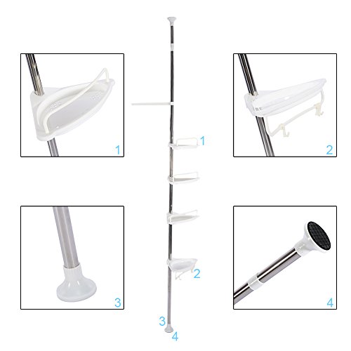 Corner Shower Caddy,4 Tier Height Adjustable White Plastic Tension Bathroom Corner Shelf Bath Shower Pole Storage Rack Tower Organizer Basket Storing Shampoo, Conditioner, Soap (4 Tier Plastic)