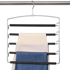 meetu pants hangers 5 layers stainless steel non-slip foam padded swing arm space saving clothes slack hangers closet storage organizer for pants jeans trousers skirts scarf ties towels (4 pack)