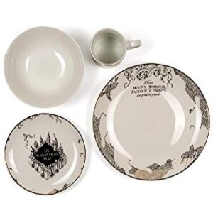 Harry Potter Marauder's Map Porcelain 4 Piece Place Setting - Gold Marauders Map Design - Includes 1 Dinner Plate, 1 Salad Plate, 1 Bowl and 1 Mug - Great Gift for Any Harry Potter Fan