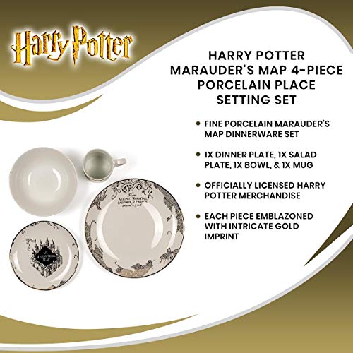 Harry Potter Marauder's Map Porcelain 4 Piece Place Setting - Gold Marauders Map Design - Includes 1 Dinner Plate, 1 Salad Plate, 1 Bowl and 1 Mug - Great Gift for Any Harry Potter Fan