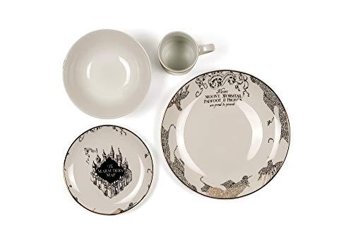 Harry Potter Marauder's Map Porcelain 4 Piece Place Setting - Gold Marauders Map Design - Includes 1 Dinner Plate, 1 Salad Plate, 1 Bowl and 1 Mug - Great Gift for Any Harry Potter Fan