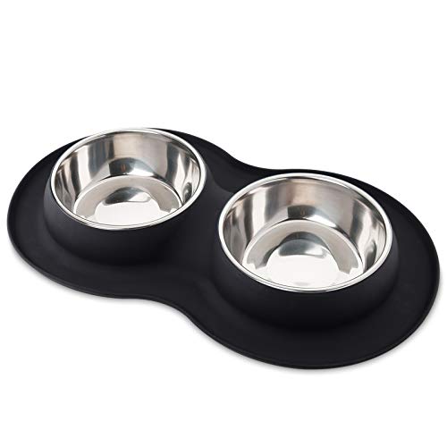 Roysili Double Dog Bowl Pet Feeding Station, Stainless Steel Water and Food Bowls with Non Skid Non Spill Silicone Mat, Quality Dog Bowl Holder for Small Medium Dogs Cats (MIini(for Puppies), Black)