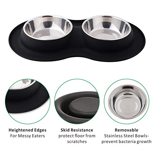 Roysili Double Dog Bowl Pet Feeding Station, Stainless Steel Water and Food Bowls with Non Skid Non Spill Silicone Mat, Quality Dog Bowl Holder for Small Medium Dogs Cats (MIini(for Puppies), Black)