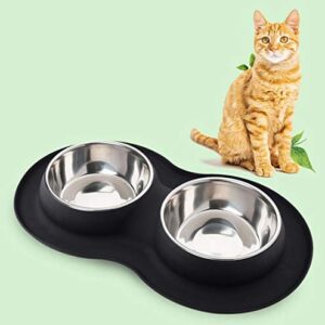 Roysili Double Dog Bowl Pet Feeding Station, Stainless Steel Water and Food Bowls with Non Skid Non Spill Silicone Mat, Quality Dog Bowl Holder for Small Medium Dogs Cats (MIini(for Puppies), Black)