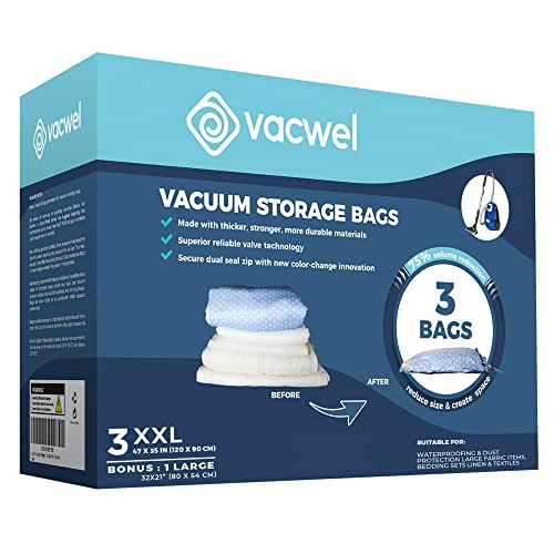 Vacwel 3-Pack XXL - Vacuum Storage Bags - Space Saver Bags for Clothes Storage – XL Comforters - Mattress Topper - Blanket Storage – Vacuum Sealer Bags – Ziplock Sealed - 3x XXL Bags (47x35in) - Bonus 1x Large Bag (32x21in)