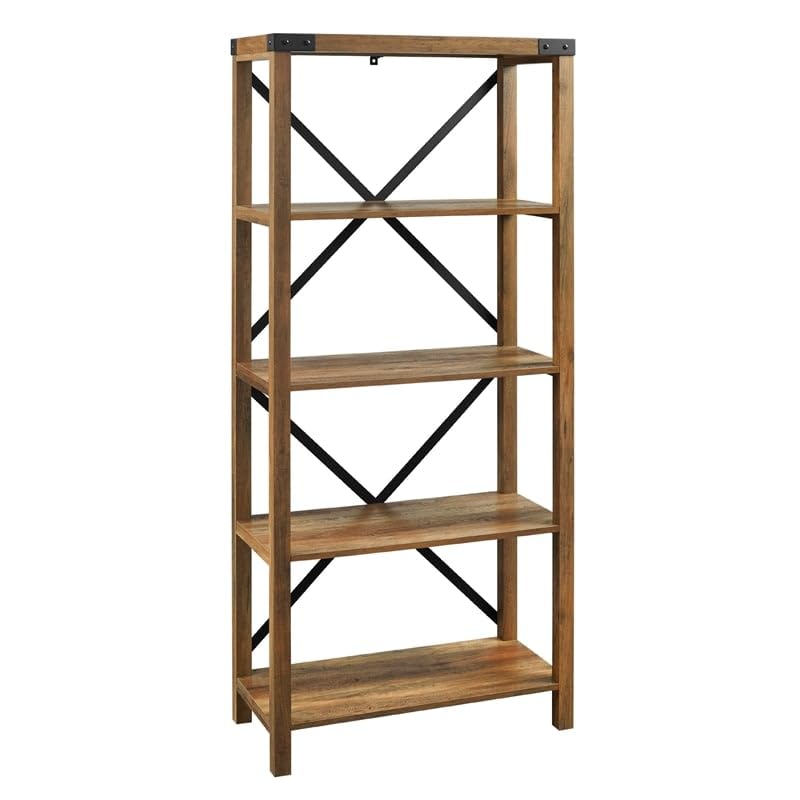 Walker Edison Andersen Urban Industrial Metal X Back 4 tier Bookshelf, 64 Inch, Rustic Oak