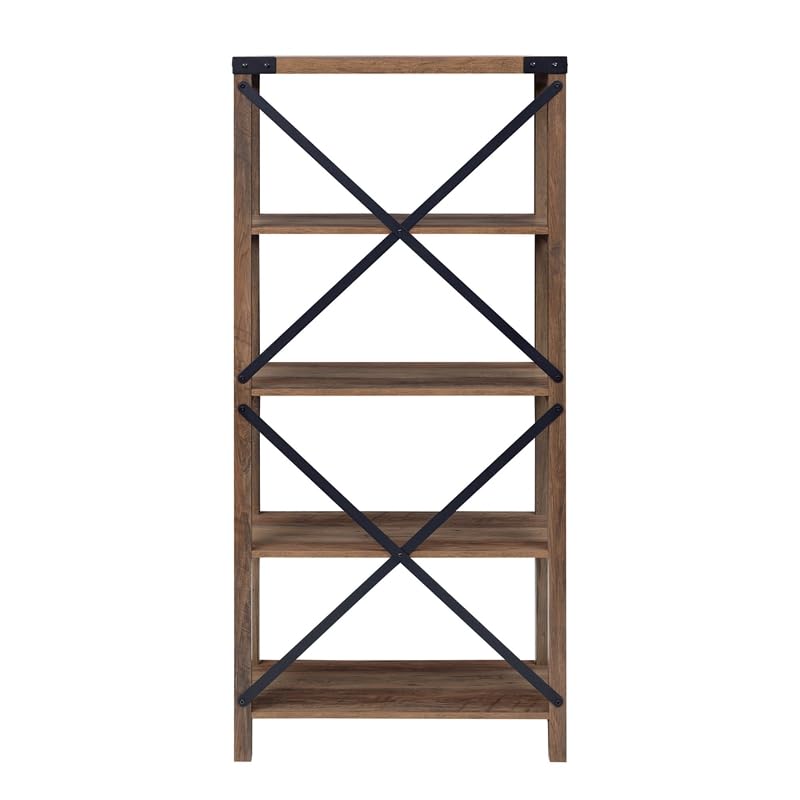 Walker Edison Andersen Urban Industrial Metal X Back 4 tier Bookshelf, 64 Inch, Rustic Oak