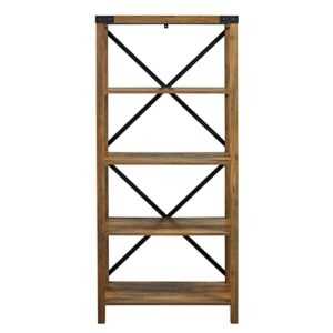 Walker Edison Andersen Urban Industrial Metal X Back 4 tier Bookshelf, 64 Inch, Rustic Oak