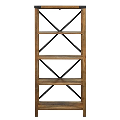 Walker Edison Andersen Urban Industrial Metal X Back 4 tier Bookshelf, 64 Inch, Rustic Oak