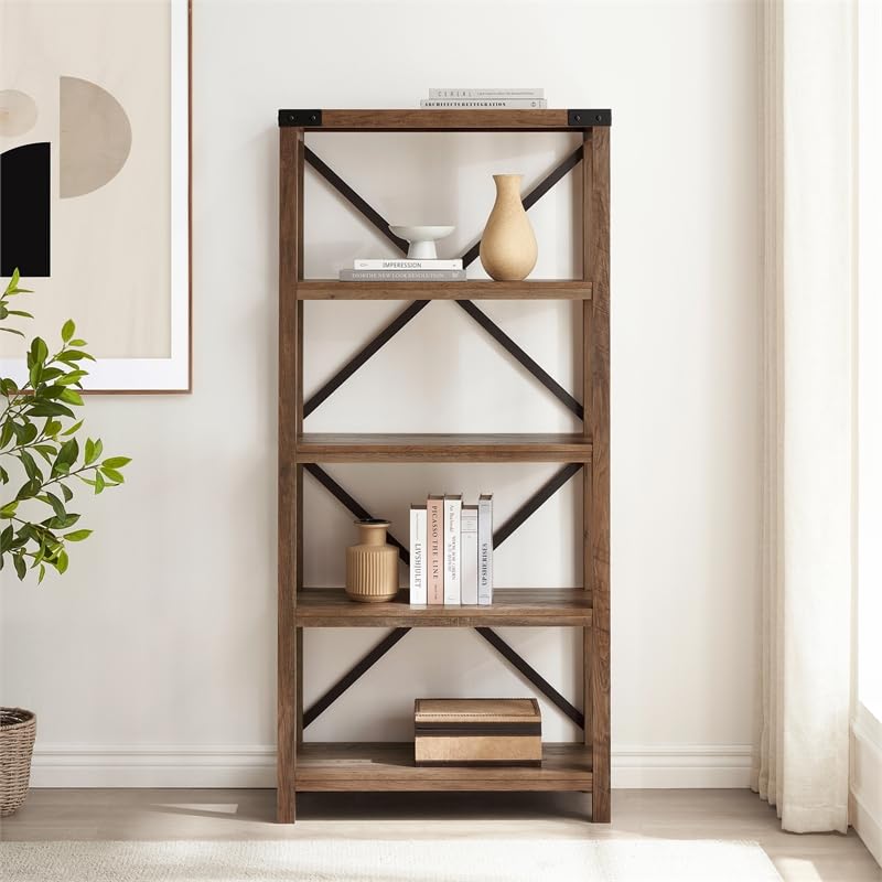 Walker Edison Andersen Urban Industrial Metal X Back 4 tier Bookshelf, 64 Inch, Rustic Oak