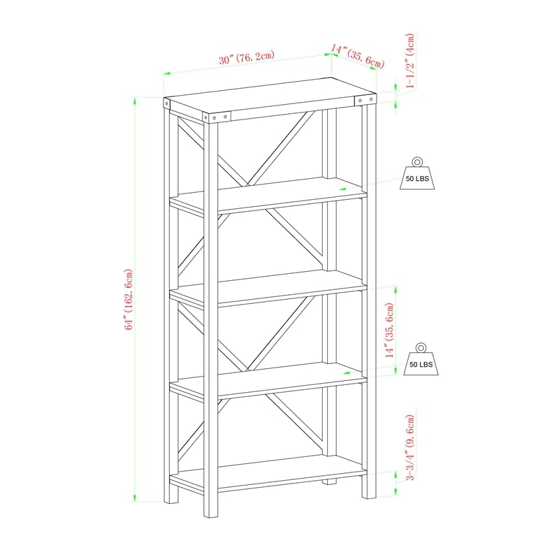 Walker Edison Andersen Urban Industrial Metal X Back 4 tier Bookshelf, 64 Inch, Rustic Oak