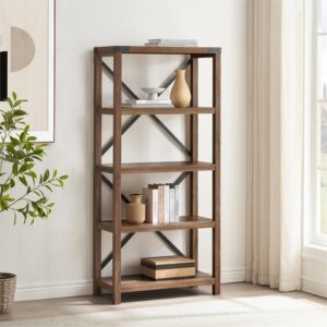 Walker Edison Andersen Urban Industrial Metal X Back 4 tier Bookshelf, 64 Inch, Rustic Oak