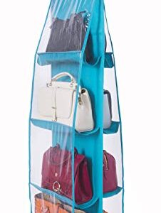 Amelitory Hanging Handbags Holder for Closet 4 Shelf Purse Bags Storage 8 Compartment Dust-Proof Organizer Lake Blue