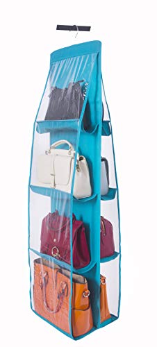 Amelitory Hanging Handbags Holder for Closet 4 Shelf Purse Bags Storage 8 Compartment Dust-Proof Organizer Lake Blue