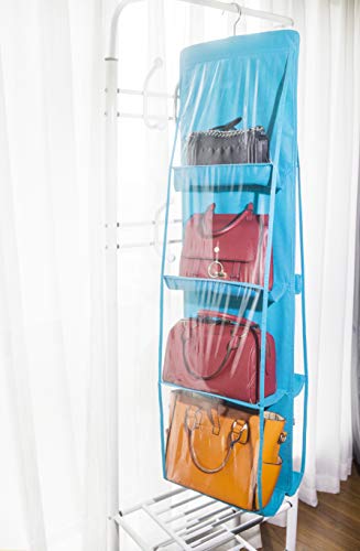 Amelitory Hanging Handbags Holder for Closet 4 Shelf Purse Bags Storage 8 Compartment Dust-Proof Organizer Lake Blue