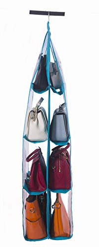 Amelitory Hanging Handbags Holder for Closet 4 Shelf Purse Bags Storage 8 Compartment Dust-Proof Organizer Lake Blue