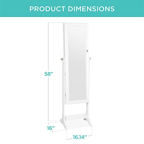 Best Choice Products Standing Mirror Armoire, Lockable Jewelry Storage Organizer Cabinet w/Velvet Interior, 3 Angle Adjustments - White