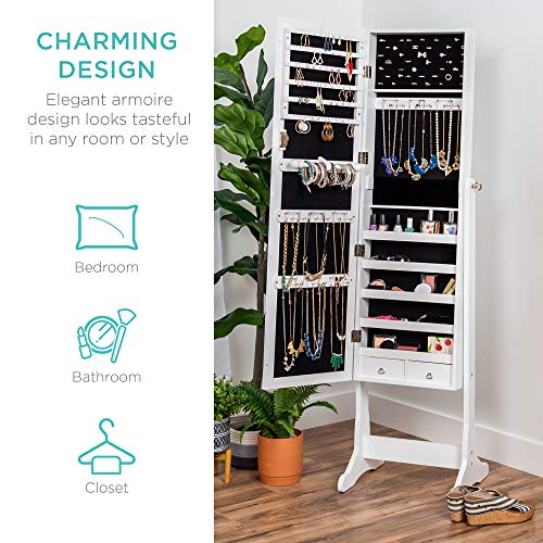 Best Choice Products Standing Mirror Armoire, Lockable Jewelry Storage Organizer Cabinet w/Velvet Interior, 3 Angle Adjustments - White