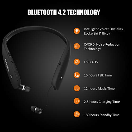 RoomyRoc Bluetooth Headphones, Wireless Neckband Headset Evoking Siri & Bixby with Retractable Earbuds, Sports Sweat-Proof Noise Cancelling Foldable Stereo Earphones with Mic (Black)