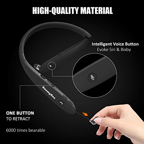 RoomyRoc Bluetooth Headphones, Wireless Neckband Headset Evoking Siri & Bixby with Retractable Earbuds, Sports Sweat-Proof Noise Cancelling Foldable Stereo Earphones with Mic (Black)