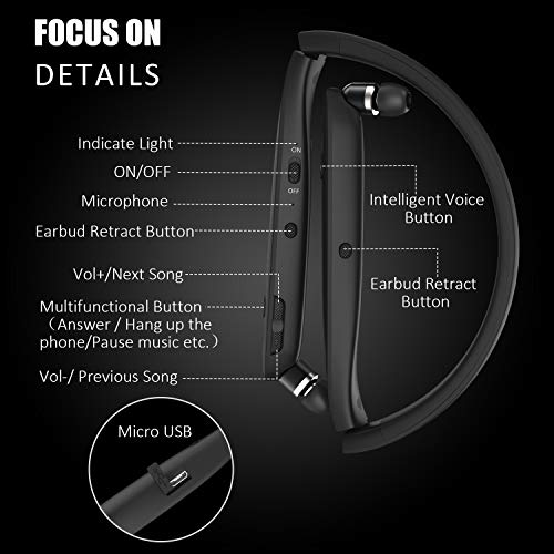 RoomyRoc Bluetooth Headphones, Wireless Neckband Headset Evoking Siri & Bixby with Retractable Earbuds, Sports Sweat-Proof Noise Cancelling Foldable Stereo Earphones with Mic (Black)