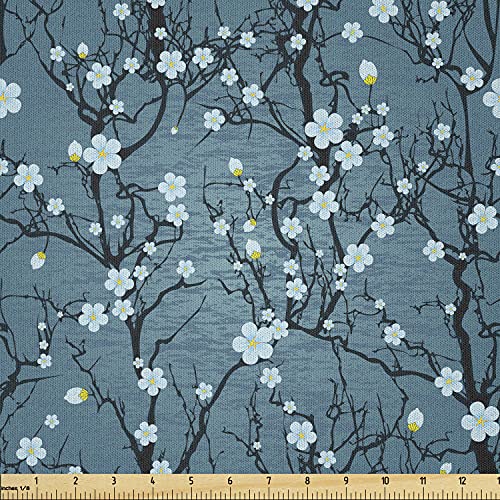 Lunarable Floral Fabric by The Yard, Sakura Tree Branches Pale Japanese Cherry Blossom Spring Form, Microfiber Fabric for Arts and Crafts Textiles & Decor, 1 Yard, Sea Blue