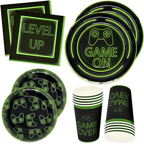 Gift Boutique Video Gaming Party Plates Supplies Set 24 9" Plate 24 7" Plates 24 9 Oz Cups 50 Luncheon Napkins for Gamer Birthday Decorations Gaming Themed Tableware- Level Up Game Over Game On