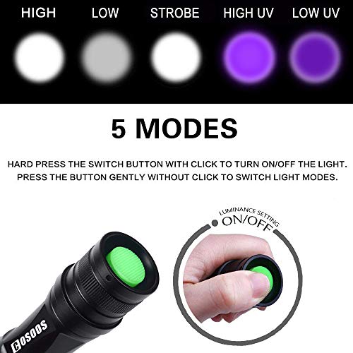 2 Pack UV Flashlight BlackLight, COSOOS 2 in 1 LED Tactical Flashlight & 395nm Black Light Pet Urine Detector for Dog/Cat Urine, Dry Stains, Bed Bugs, Scorpions.