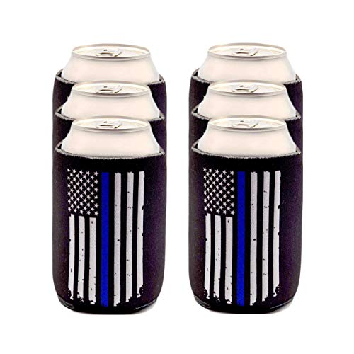 Police Officer Gifts for Men - Thin Blue Line Beverage Can Cooler Sleeves - Law Enforcement Blue Lives Matter Insulated Beer Holder with Blue Stripe American Flag - Police Department Ideas, 6-Pack