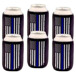 Police Officer Gifts for Men - Thin Blue Line Beverage Can Cooler Sleeves - Law Enforcement Blue Lives Matter Insulated Beer Holder with Blue Stripe American Flag - Police Department Ideas, 6-Pack