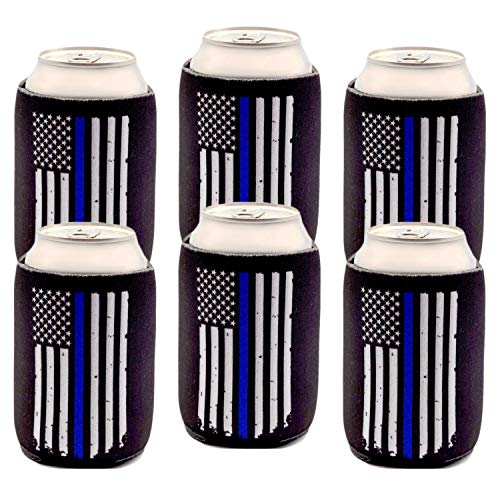 Police Officer Gifts for Men - Thin Blue Line Beverage Can Cooler Sleeves - Law Enforcement Blue Lives Matter Insulated Beer Holder with Blue Stripe American Flag - Police Department Ideas, 6-Pack