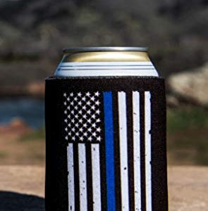 Police Officer Gifts for Men - Thin Blue Line Beverage Can Cooler Sleeves - Law Enforcement Blue Lives Matter Insulated Beer Holder with Blue Stripe American Flag - Police Department Ideas, 6-Pack