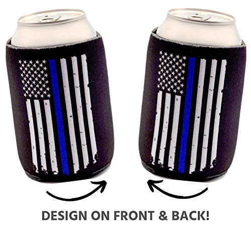 Police Officer Gifts for Men - Thin Blue Line Beverage Can Cooler Sleeves - Law Enforcement Blue Lives Matter Insulated Beer Holder with Blue Stripe American Flag - Police Department Ideas, 6-Pack