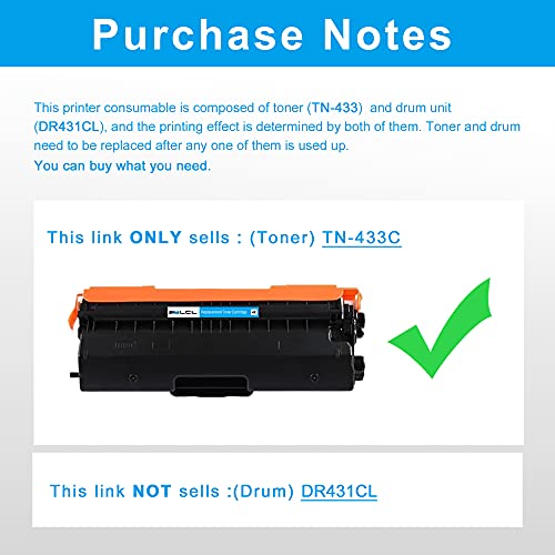 LCL Compatible Toner Cartridge Replacement for Brother TN-431 TN-433 TN431 TN433 TN433C TN-433C HL-L8260CDW HL-L8360CDW HL-L8360CDWT MFC-L8610CDW MFC-L8900CDW (Cyan 1-Pack)