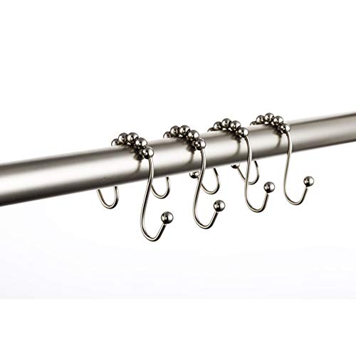 TENOVEL 2-Piece Bathroom Shower Sets: Stainless Steel 50”-72” Adjustable Curved Shower Rod, Double Glide Shower Curtain Hooks/Rings-Brushed Nickel