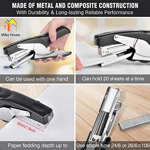 Plier Stapler, Heavy Duty Desk Staples 20 Sheets Paper Capacity Manual Stapler Save 60% Power, for Home School Supplies Portable Handheld Stapling Packaging Staple Gun for Warehouse Desk Office, Black